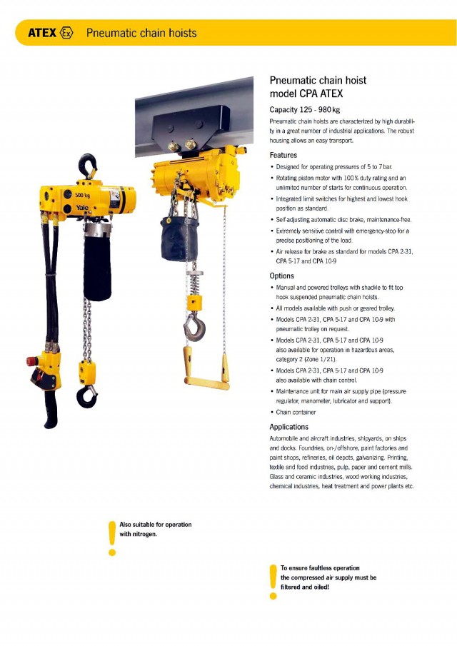 Yale Pneumatic Chain Hoist Model CPA ATEX (Capacity 125-980 Kgs ...